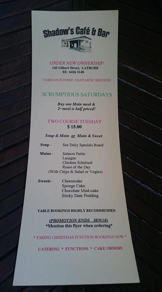 Menu at Shadows Cafe, Latrobe