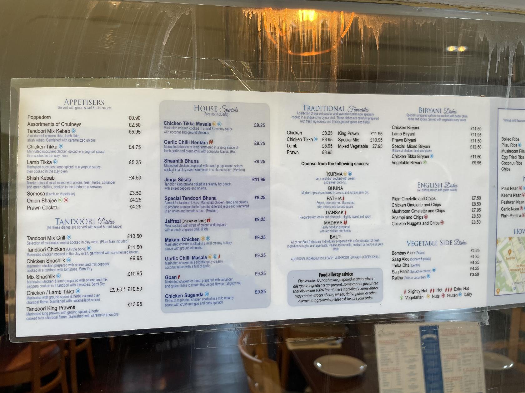 Menu at The Bay Of Bengal restaurant, Tenby