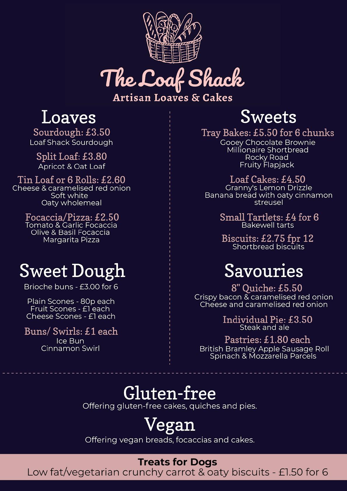 Carta de The Loaf Shack Bakery, Reino Unido