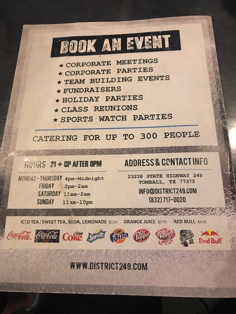 Menu at District 249 Bar & Grill, Tomball