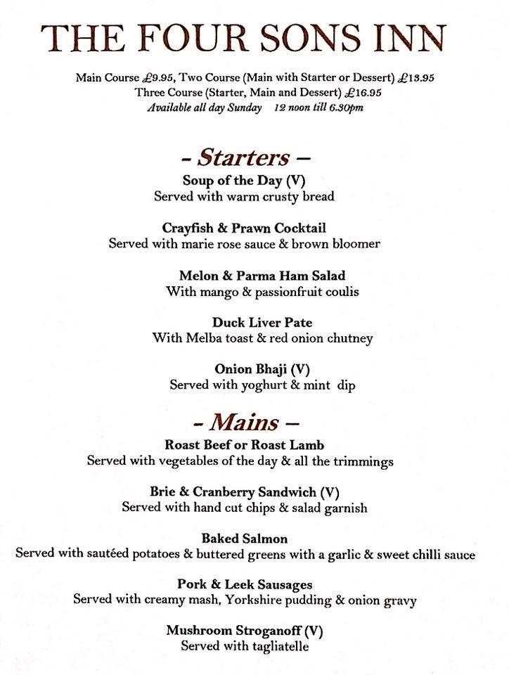 Menu at The Four Sons Inn pub & bar, Huddersfield
