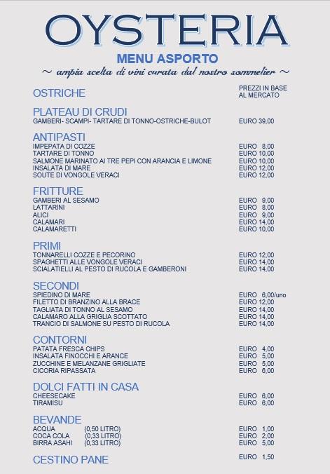 Menu au Oysteria restaurant, Rome, Via Mattia Battistini