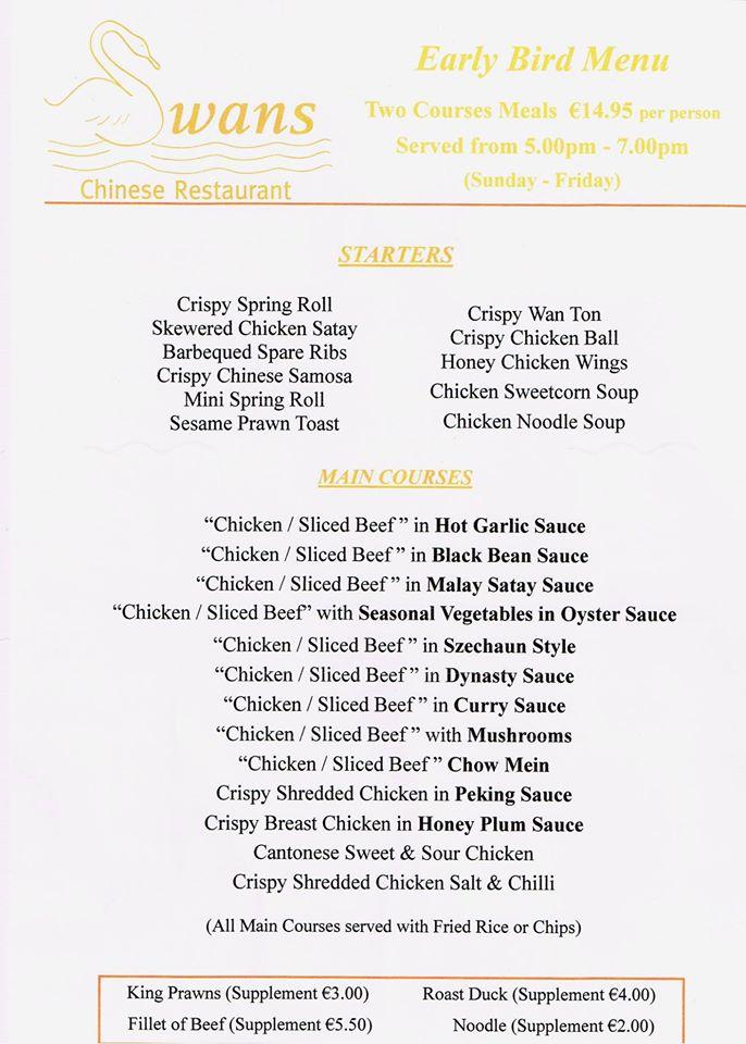 Menu at Swan's restaurant, Callan
