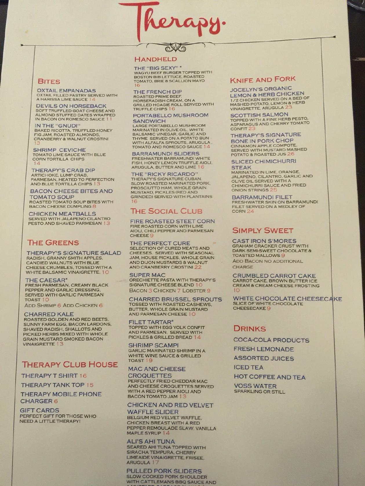 Menu at Therapy pub & bar, Las Vegas
