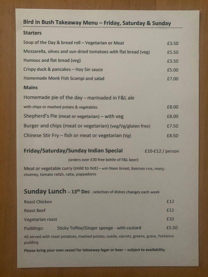Menu at Bird in Bush Inn and Coffee Shop Elsdon Northumberland pub ...
