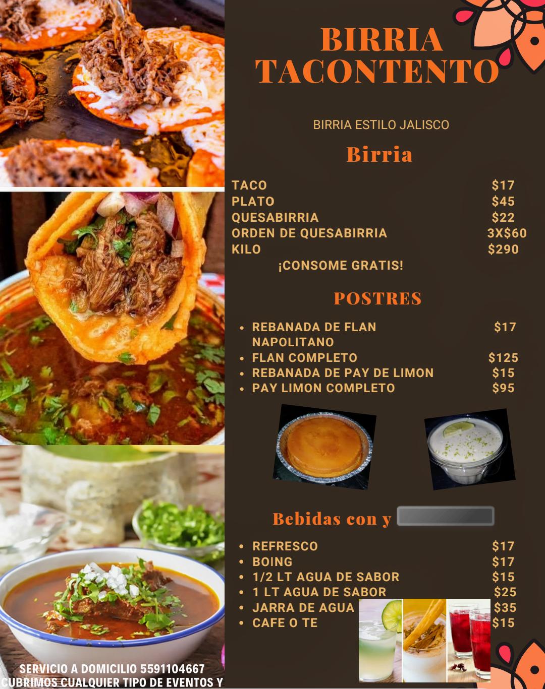 Carta del restaurante Birria Tacontento, Mexico