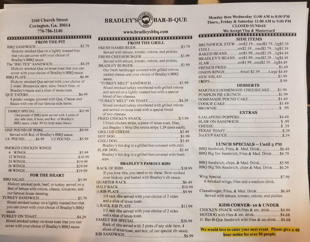 Menu at Bradley's Real Pit Barbecue, Covington