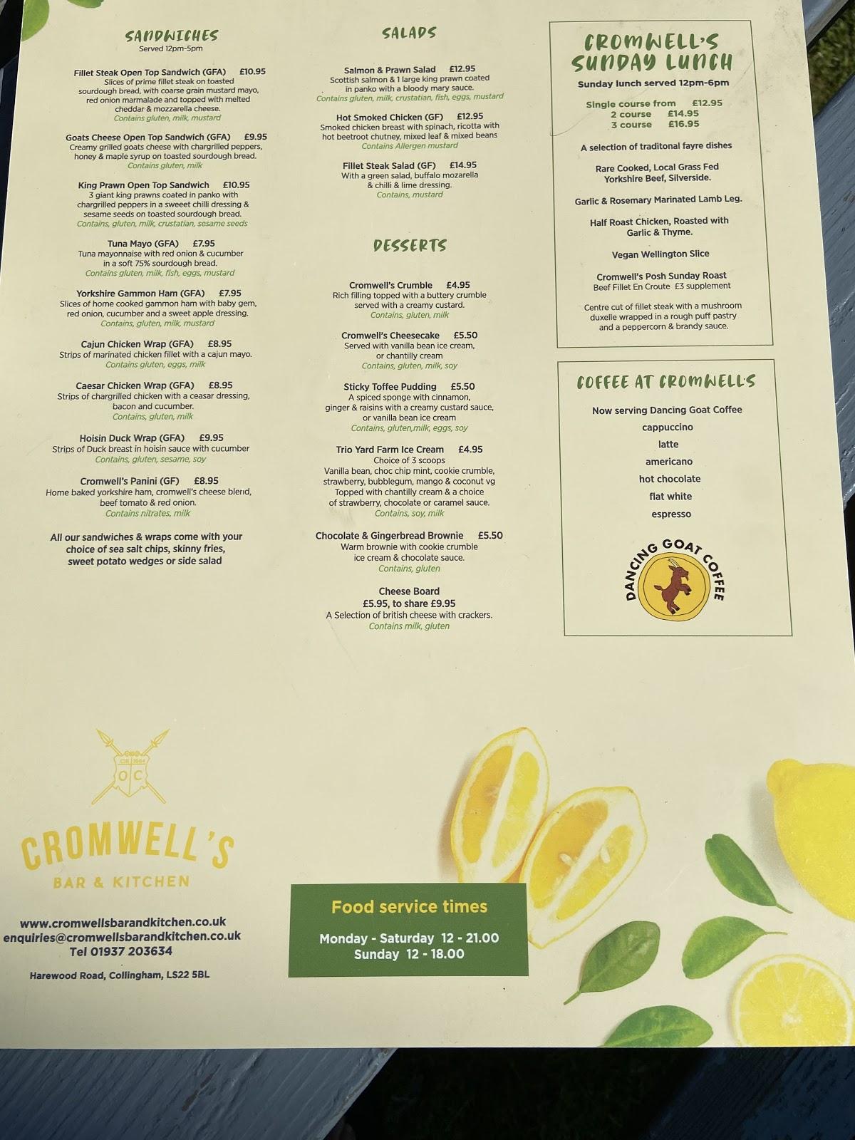 Menu at Cromwell's Collingham restaurant, Collingham