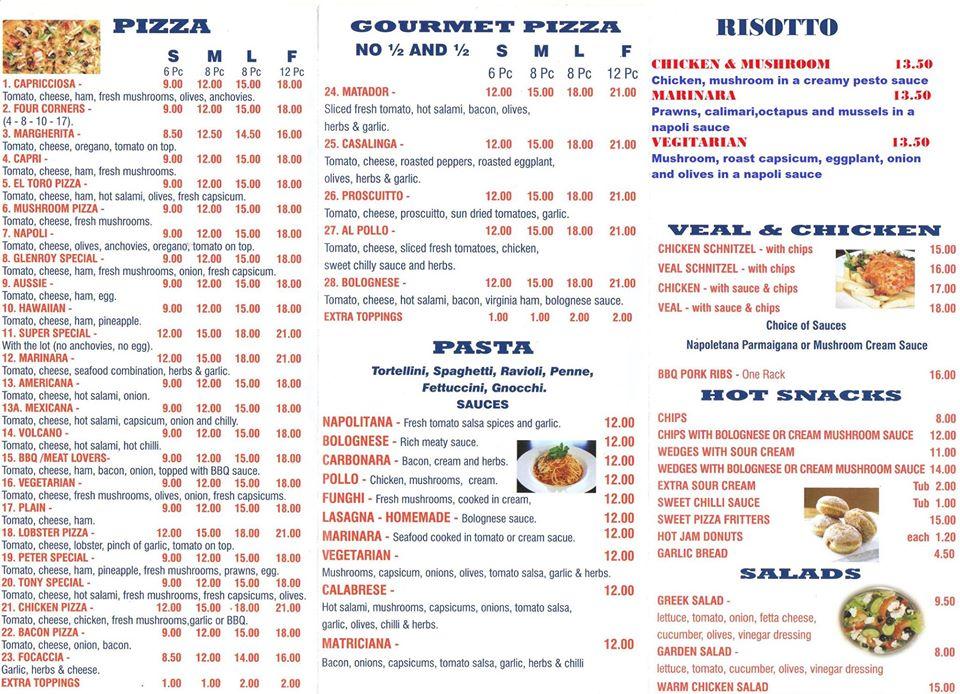 Menu at El Toro Pizza Glenroy pizzeria, Glenroy