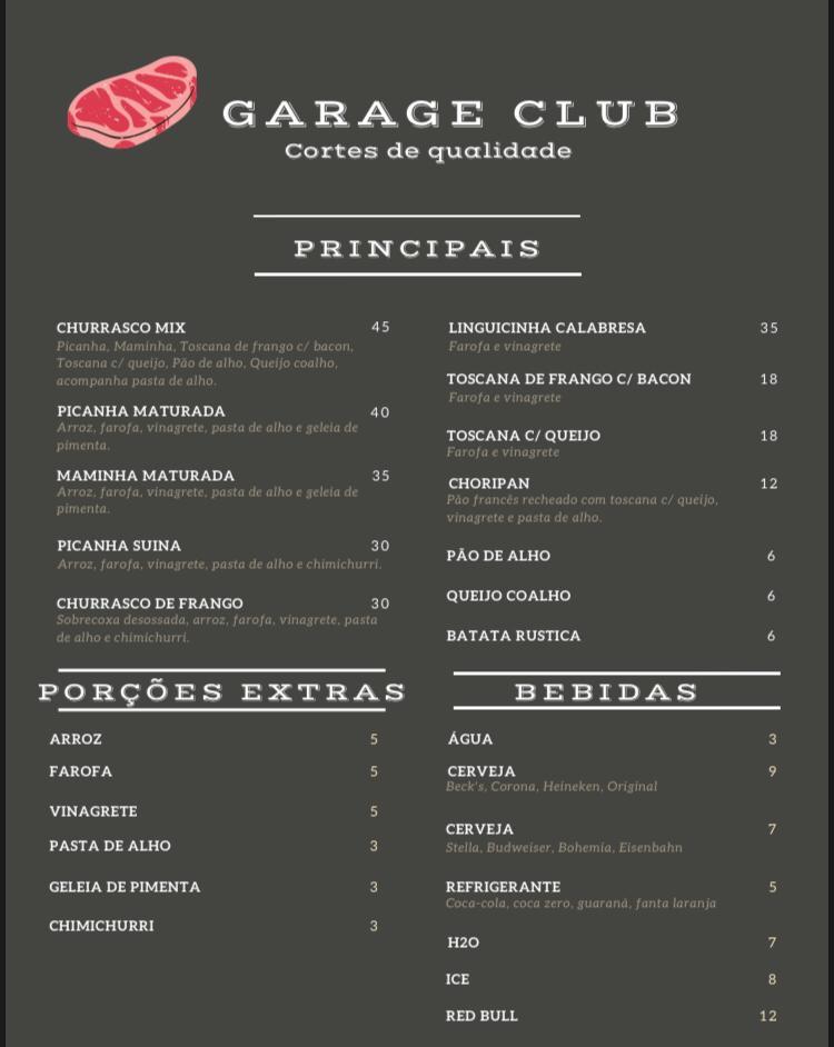 Menu at Garage Club, Macapá