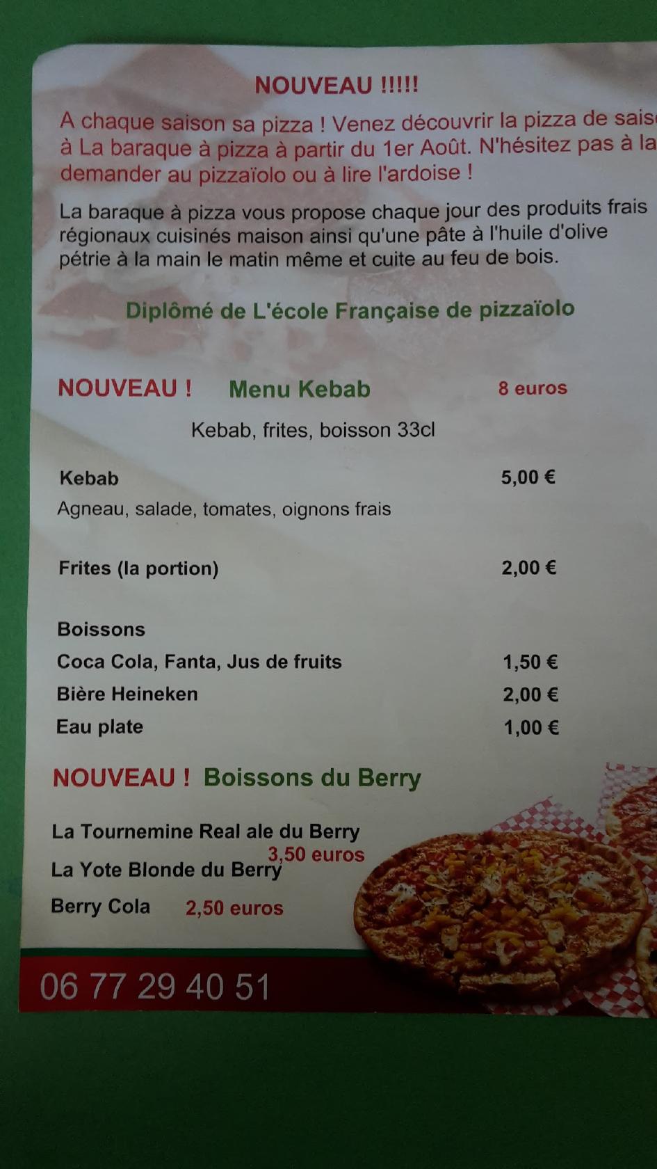Menu au La Baraque à Pizzas, Écueillé