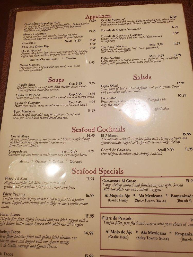 Menu at La Playa Maya restaurant, Fort Worth, Sunset Dr