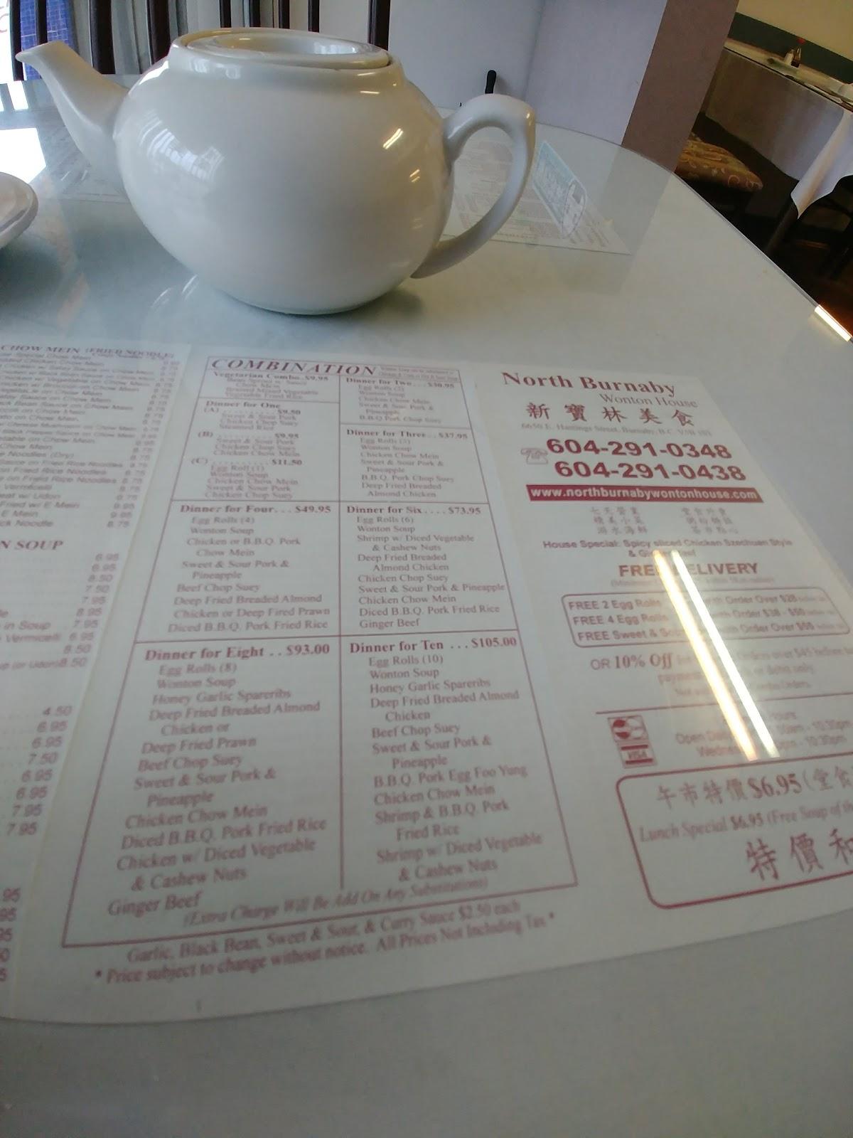 Menu at North Burnaby Wonton House restaurant, Burnaby, Hastings St