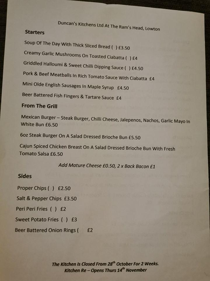 Menu at The Rams Head pub & bar, Warrington, 429 Slag Ln