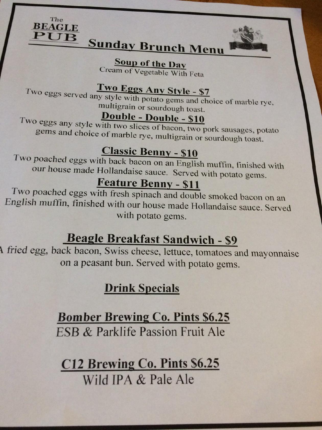 Menu at Beagle Pub, Victoria