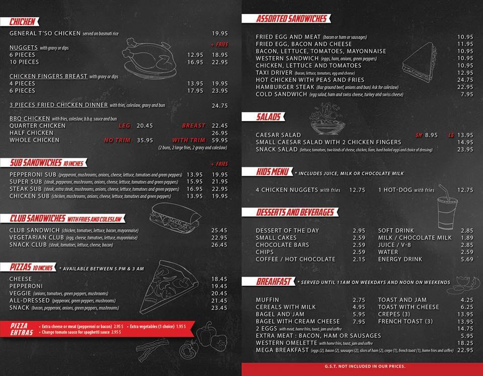 Menu at The Snack pizzeria, Iqaluit
