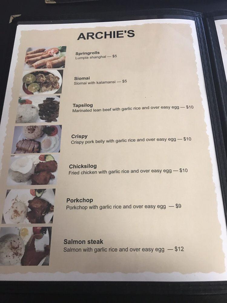 Menu at Archie's restaurant, Surrey, 153 St