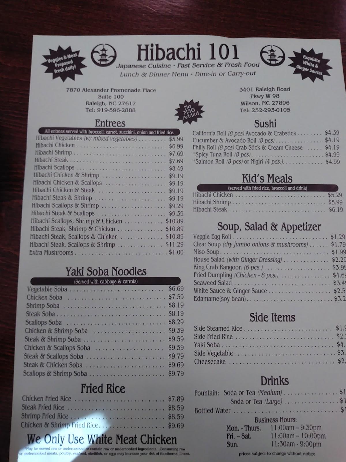 Menu at Hibachi 101 restaurant, Raleigh