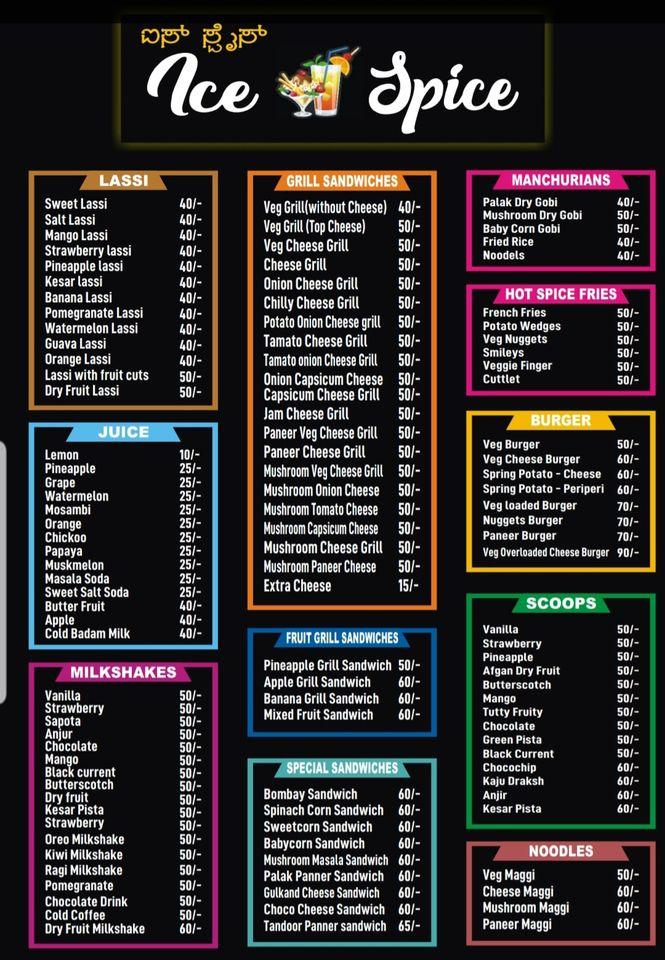 Menu at Ice Spice, Mysuru