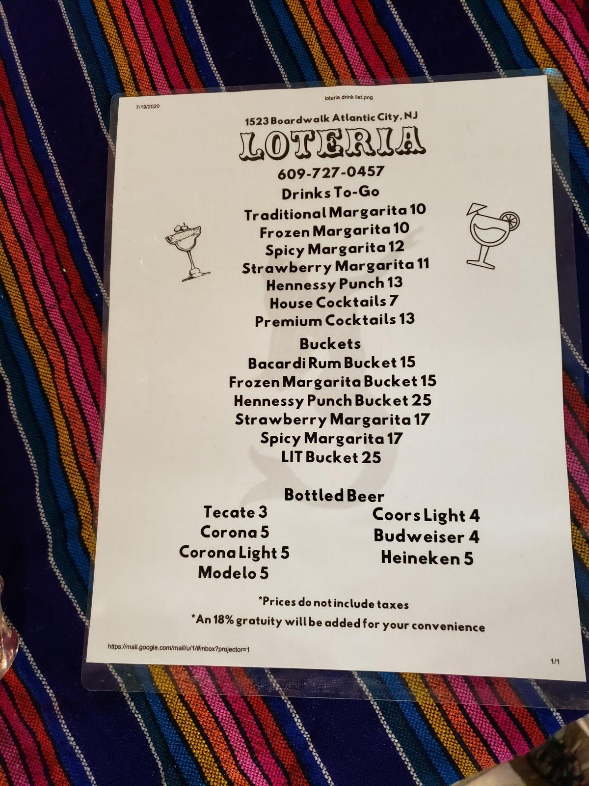 Menu at Loteria pub & bar, Atlantic City, Boardwalk