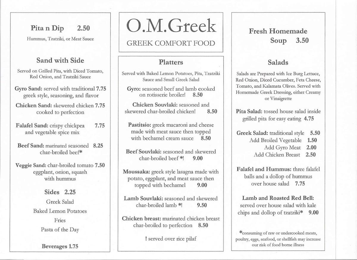 Menu at O. M. Greek restaurant, Mountain Home