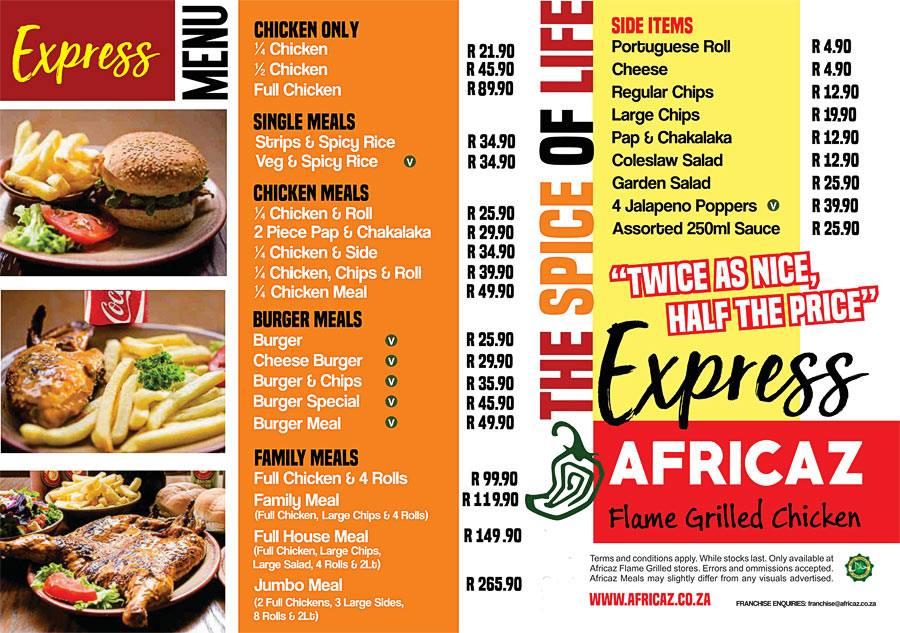 Menu at Africaz Alice Street restaurant, Durban