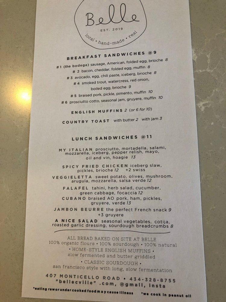 Menu at Belle restaurant, Charlottesville