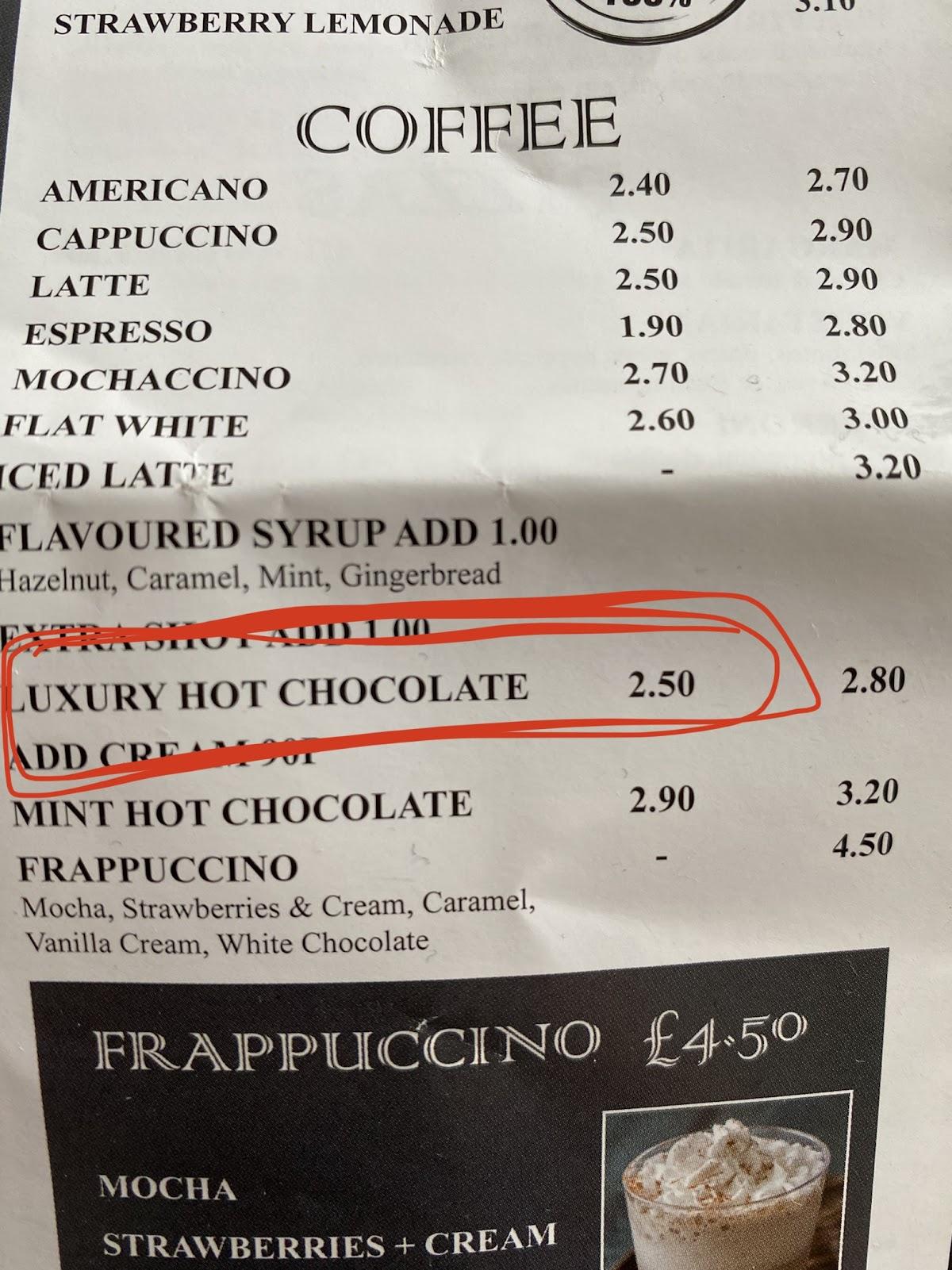 Menu at Cafe Retreat, Tadley