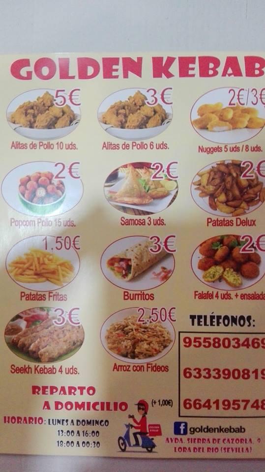 Menu at Golden Kebab pizzeria, Lora del Río