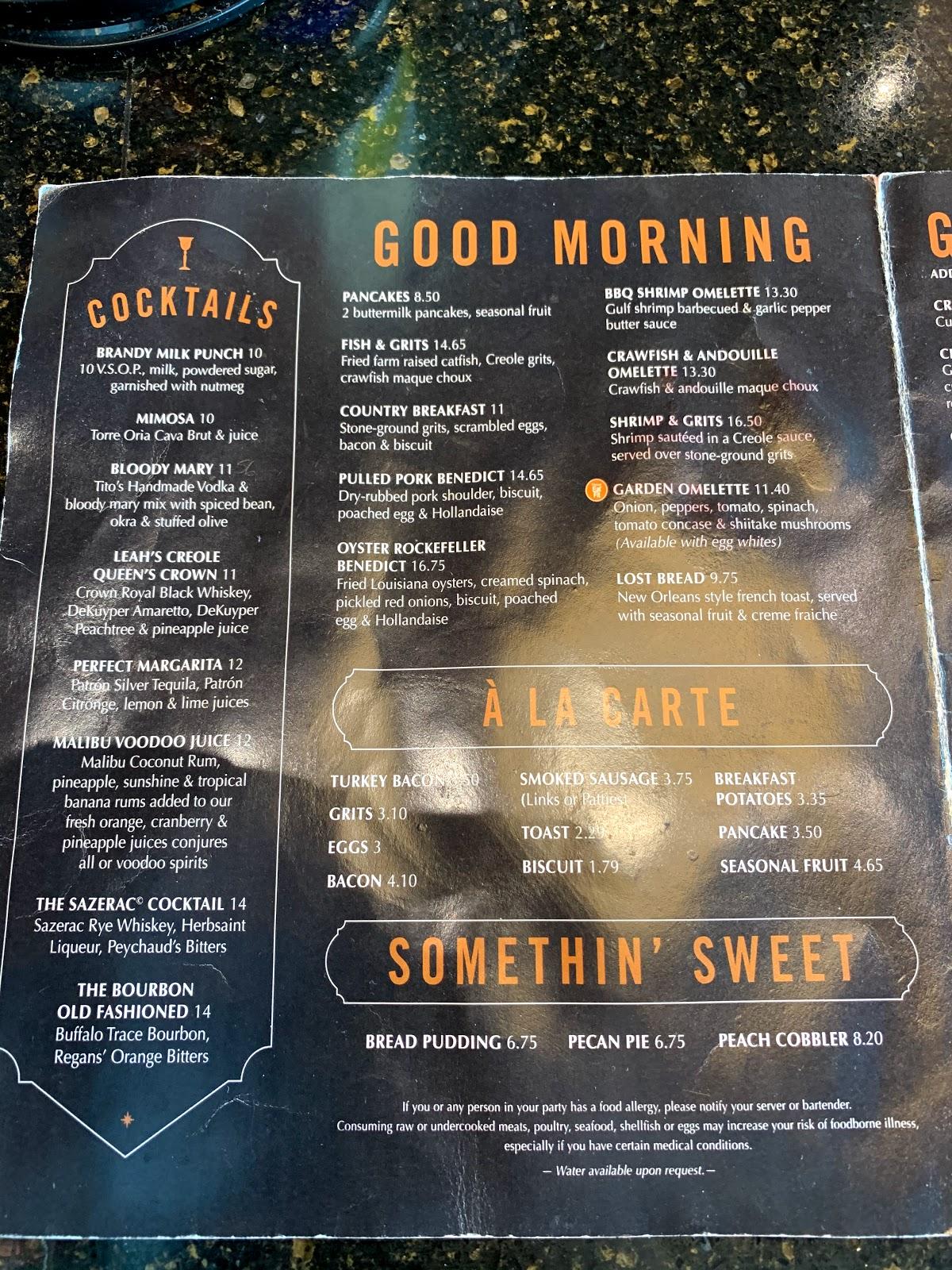 Menu at Leah's Kitchen restaurant, Kenner, 1 Terminal Dr