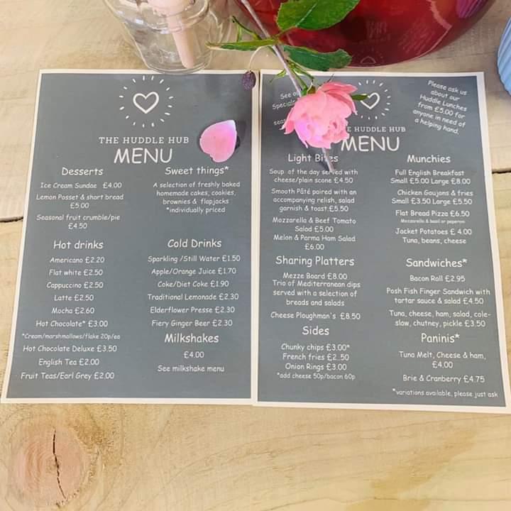 Menu at The Huddle Hub cafe, Wigmore
