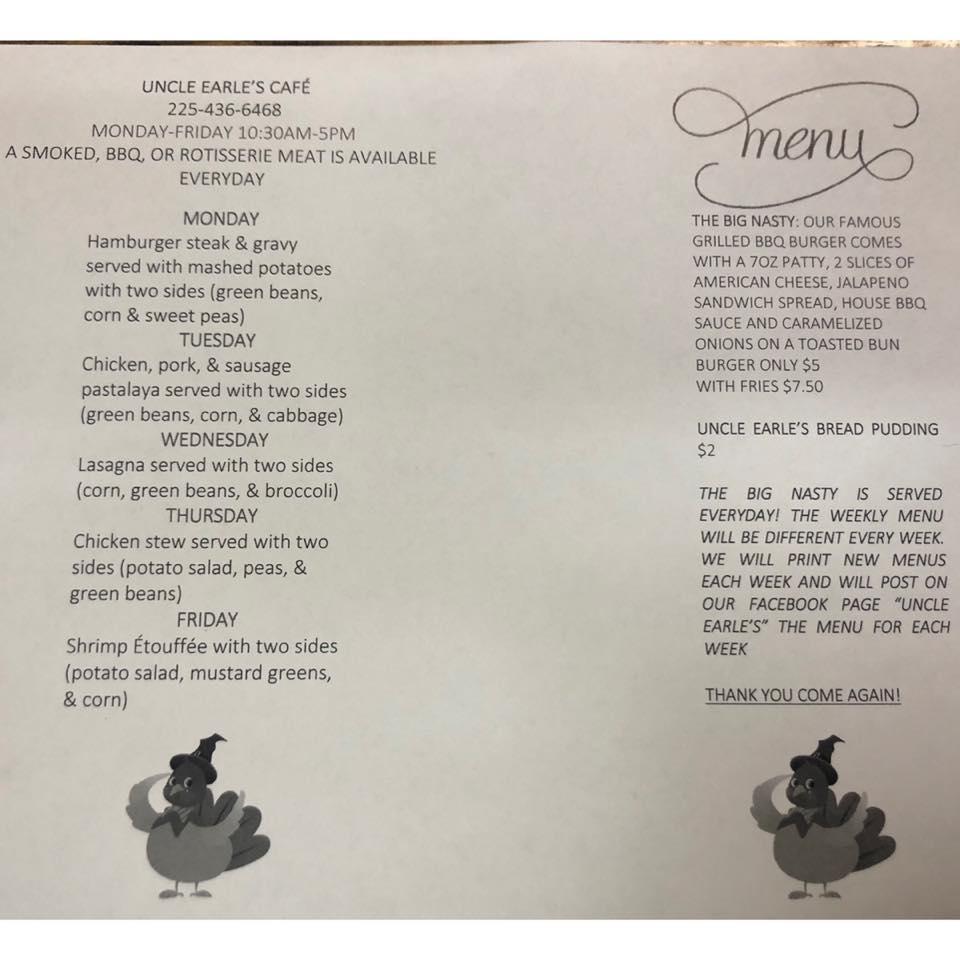 Menu at Uncle Earle's Cafe, Plaquemine