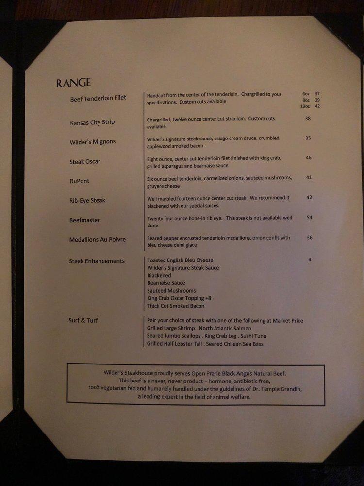 Menu at Wilder's Steakhouse, Joplin
