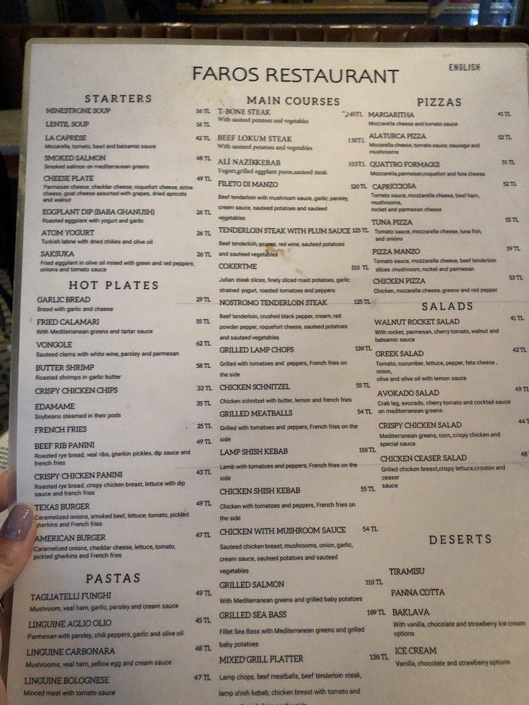 Menu at Faros Restaurant Taksim, Istanbul, Cumhuriyet Cd. No:31