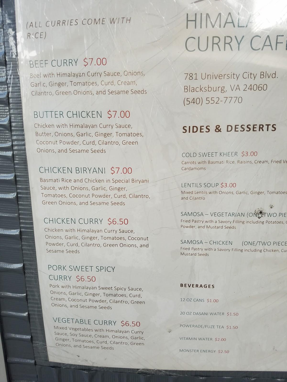 Menu at Himalayan Curry Cafe, Blacksburg, 781 University City Blvd