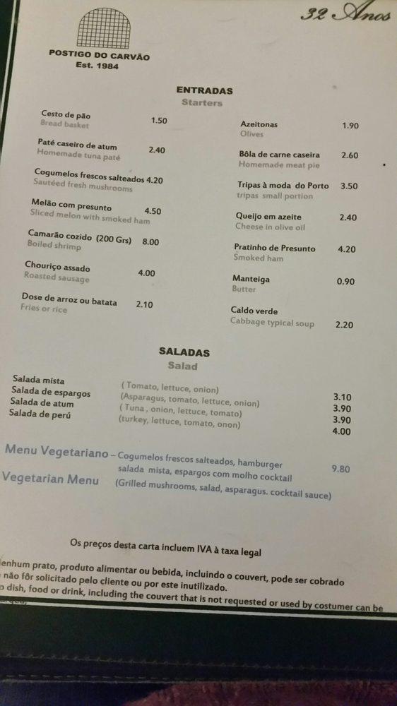 Menu at Postigo do Carvão restaurant, Porto