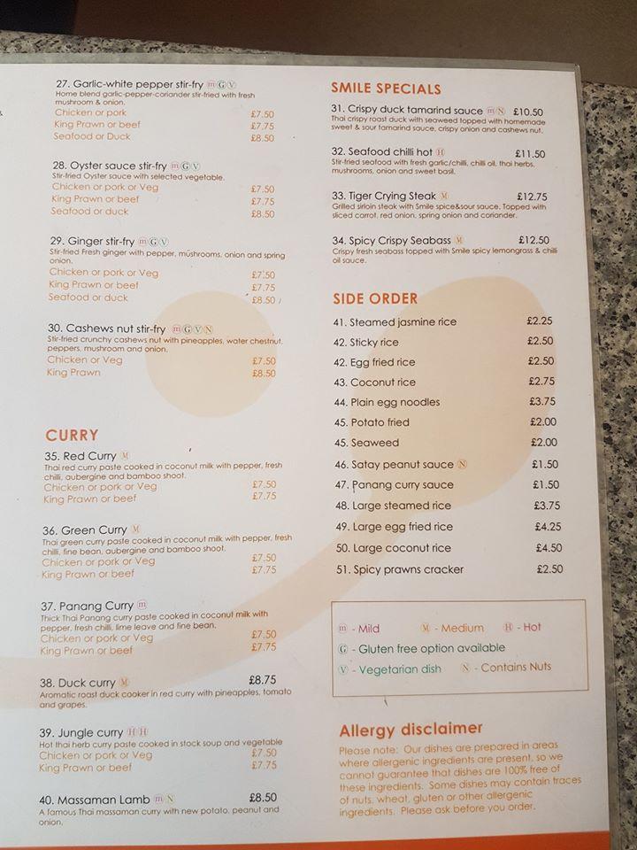 Menu at Smile Thai Cafe & Takeaway, Swindon