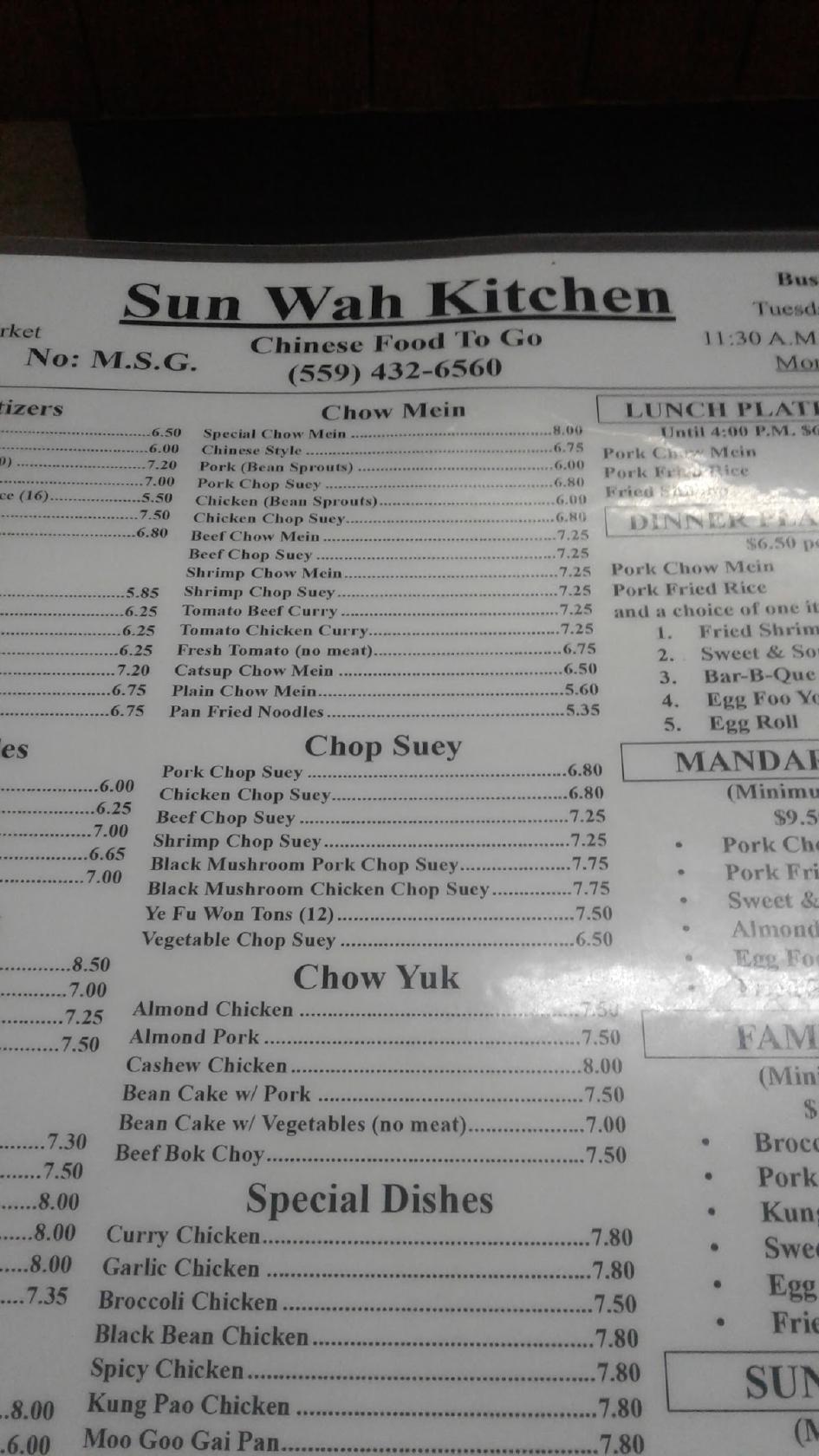Menu at Sun Wah Kitchen restaurant, Fresno
