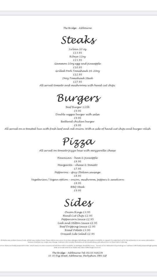 Menu at Bridge pub & bar, Ashbourne