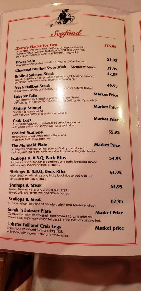 Menu at Zorro's Steakhouse, Mississauga