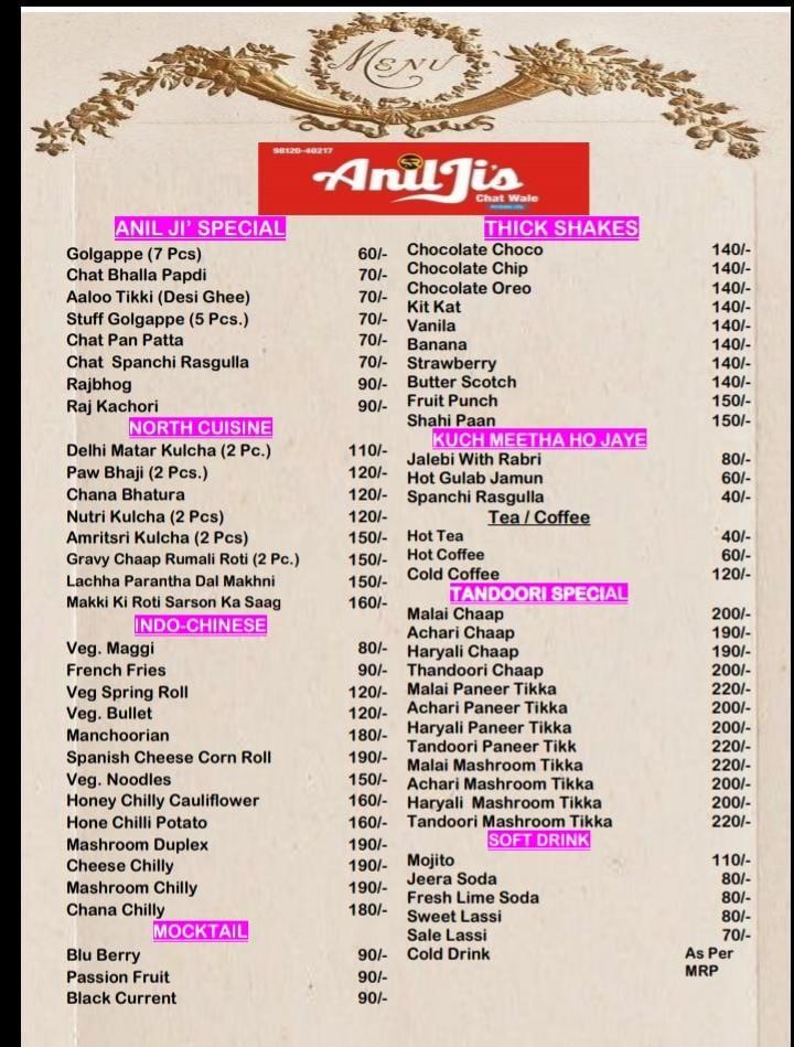 Menu at Anil Ji Chaat Wale, Ambala