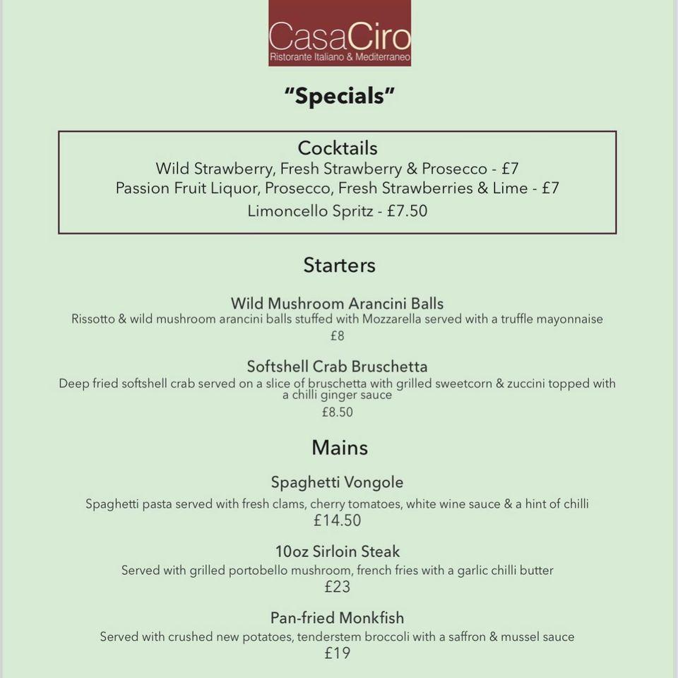 Menu at Casa Ciro restaurant, Worthing