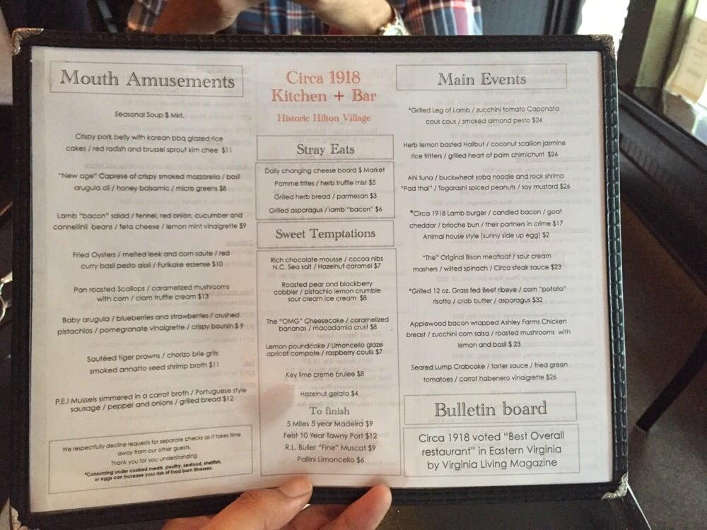 Menu at Circa 1918 Kitchen and bar, Newport News