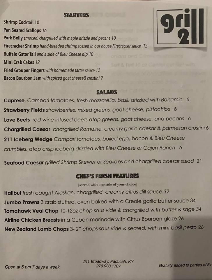 Menu at Grill 211 pub & bar, Paducah