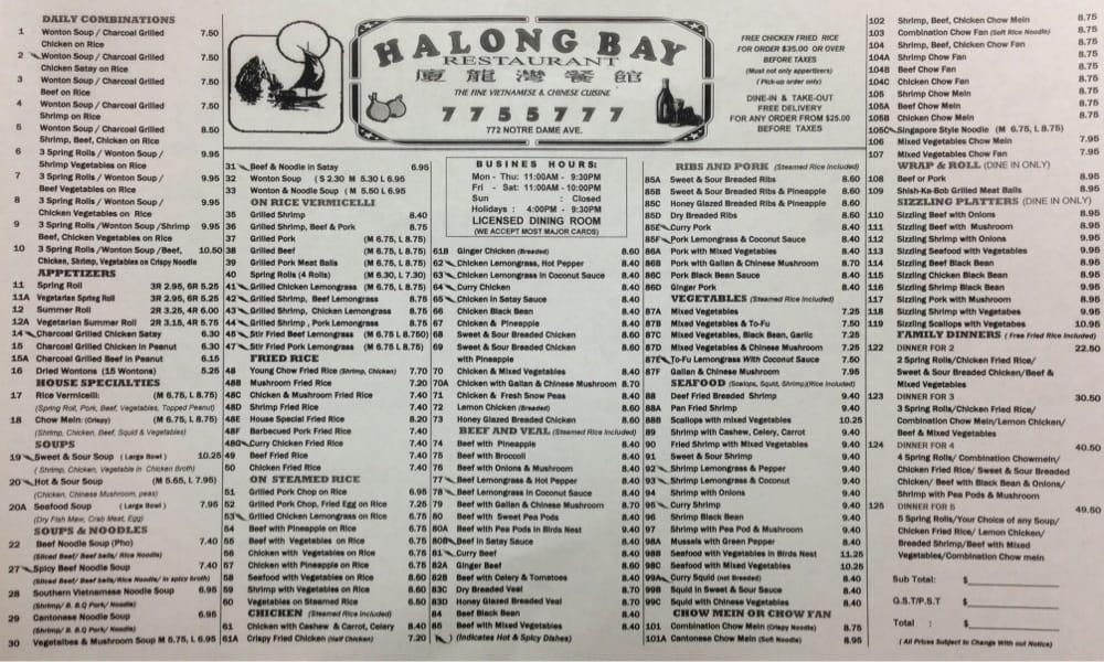 Menu at Ha Long Bay Restaurant, Winnipeg