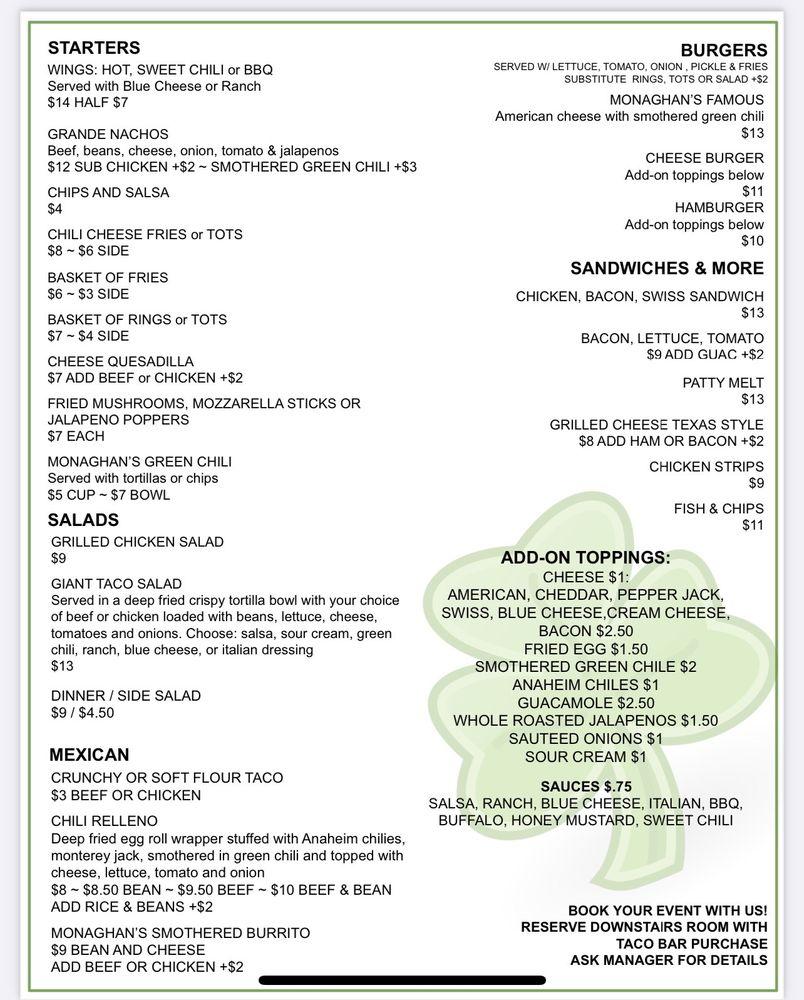 Menu at Monaghan's Bar and Grill, Denver