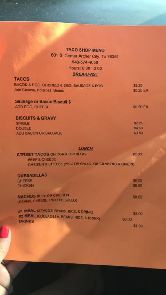 Menu at Taco Shop restaurant, Archer City