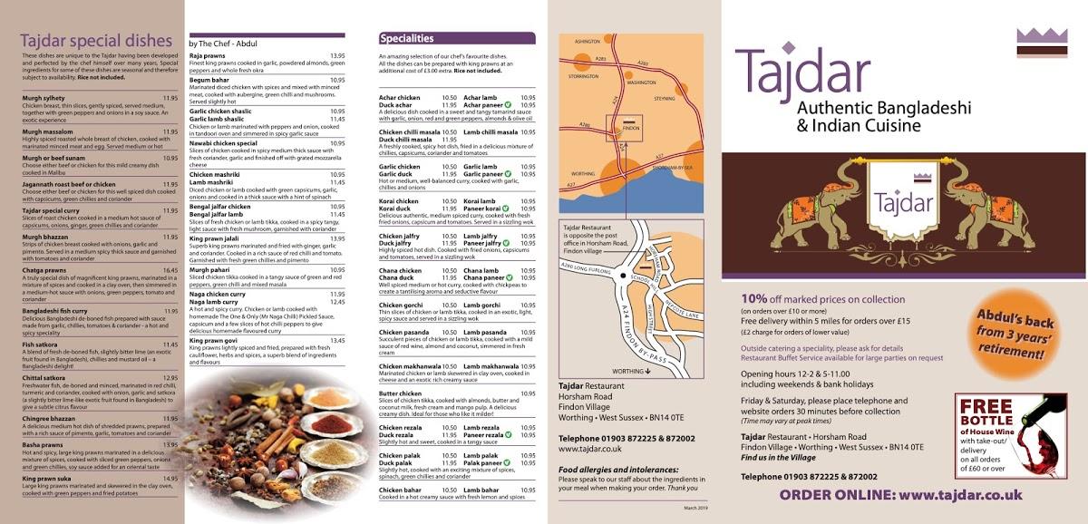 Menu at Tajdar restaurant, Worthing