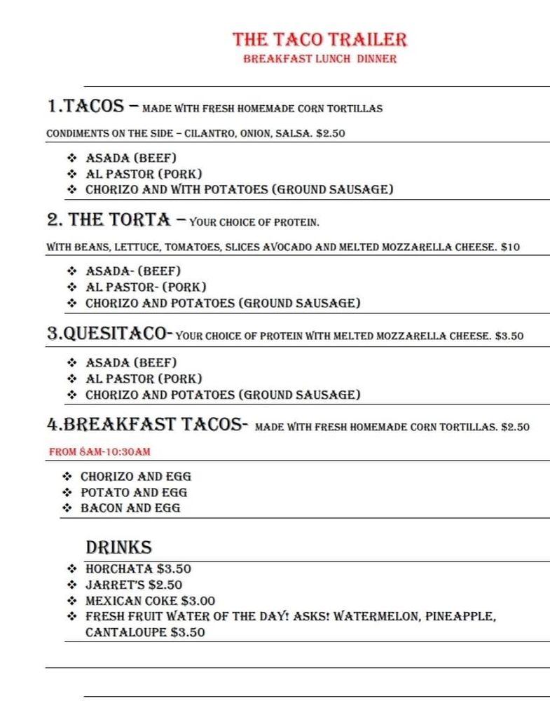 Carta del restaurante The Taco Trailer, Weatherford
