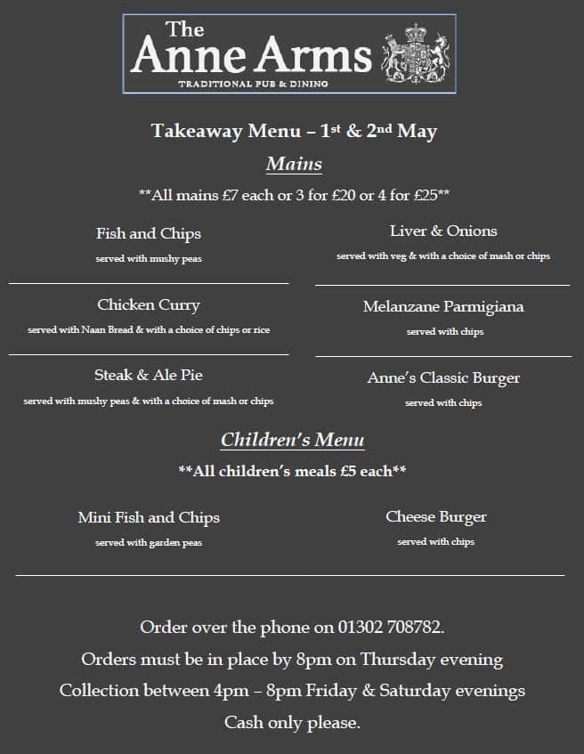 Menu at Anne Arms Inn pub & bar, Doncaster, Suttonfield Rd